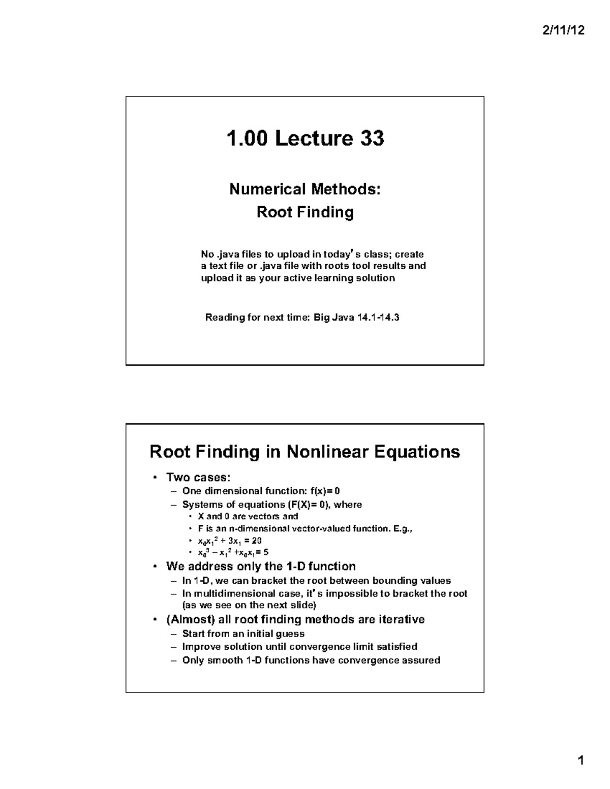 Root Finding (PDF) Lec 33 - 1 Lecture 33 Numerical Methods: Root Finding No .java files to ...