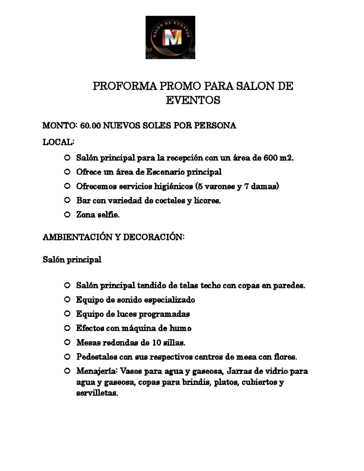 Paquete promo Mistykka - PROFORMA PROMO PARA SALON DE EVENTOS MONTO: 60 ...