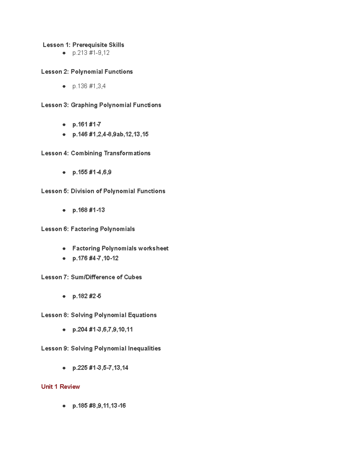 Unit 1 Bundle - Lesson 1: Prerequisite Skills p #1-9, Lesson 2 ...