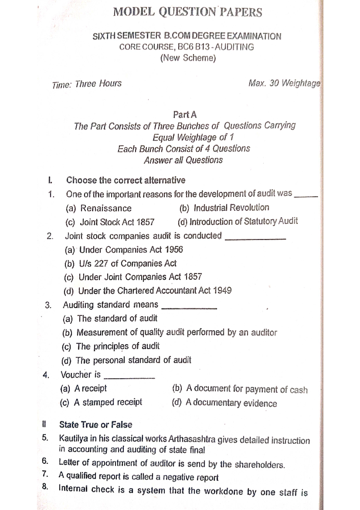 Model question paper- 6th semester b com degree examination - Bachelor ...