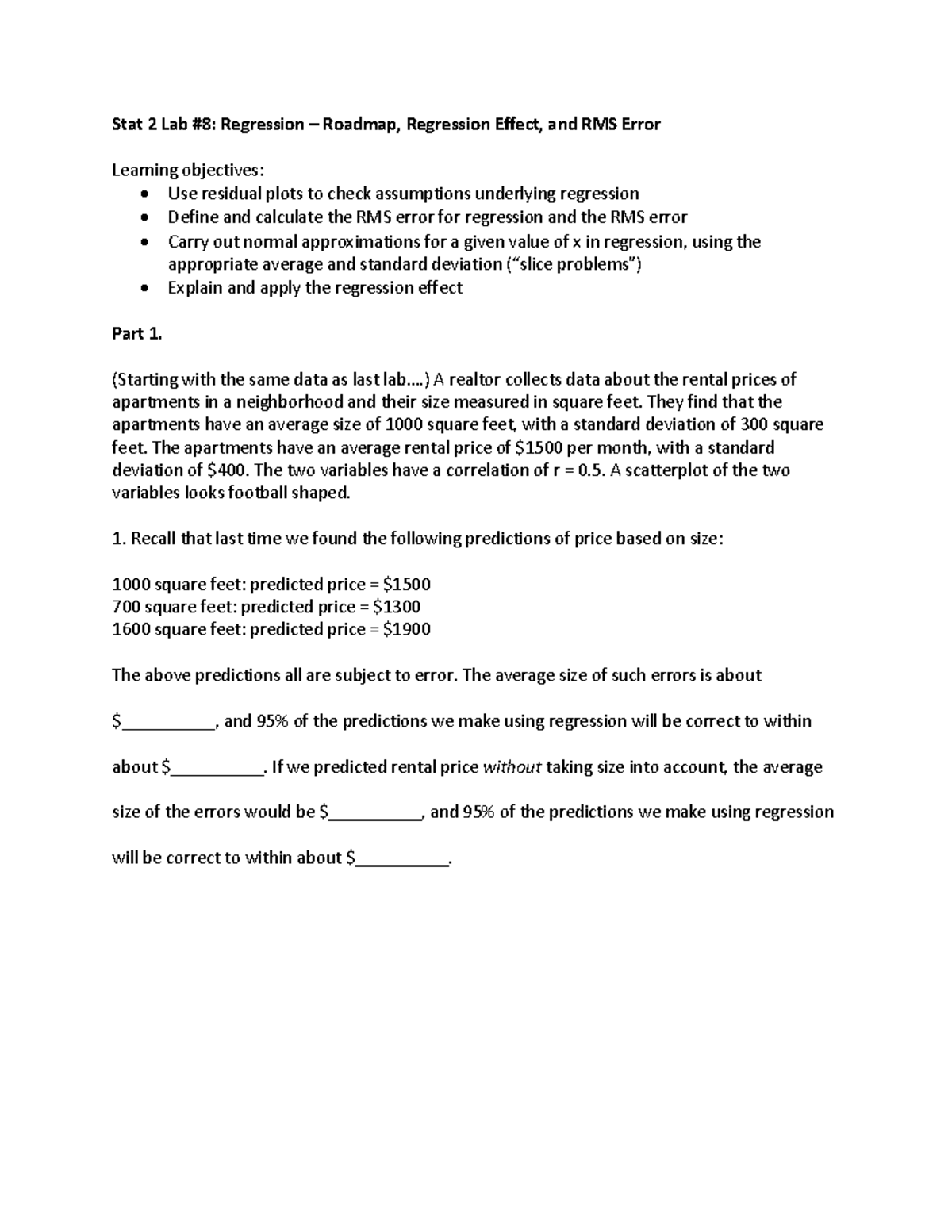 Stat2Lab8 - Lab - Stat 2 Lab # 8 : Regression – Roadmap, Regression Effect, and RMS Error ...
