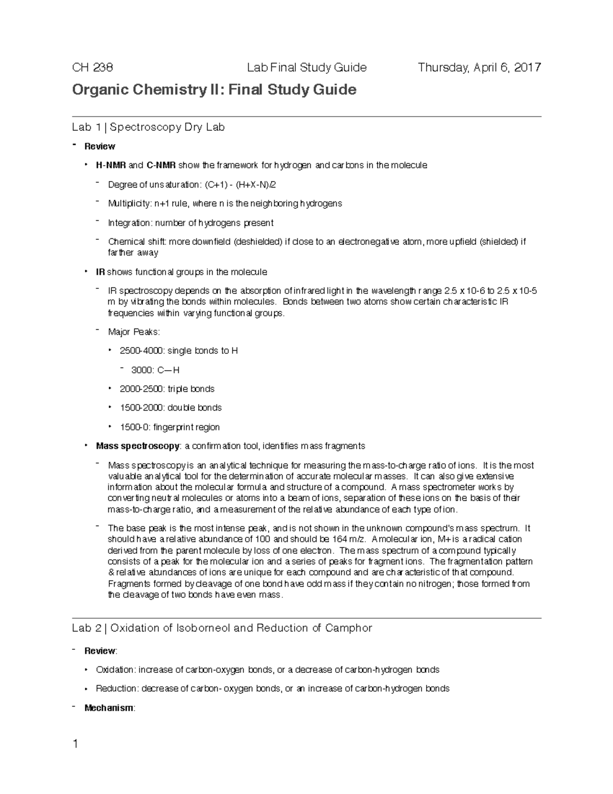 Final Study Guide - Organic Chemistry II: Final Study Guide Lab 1 ...