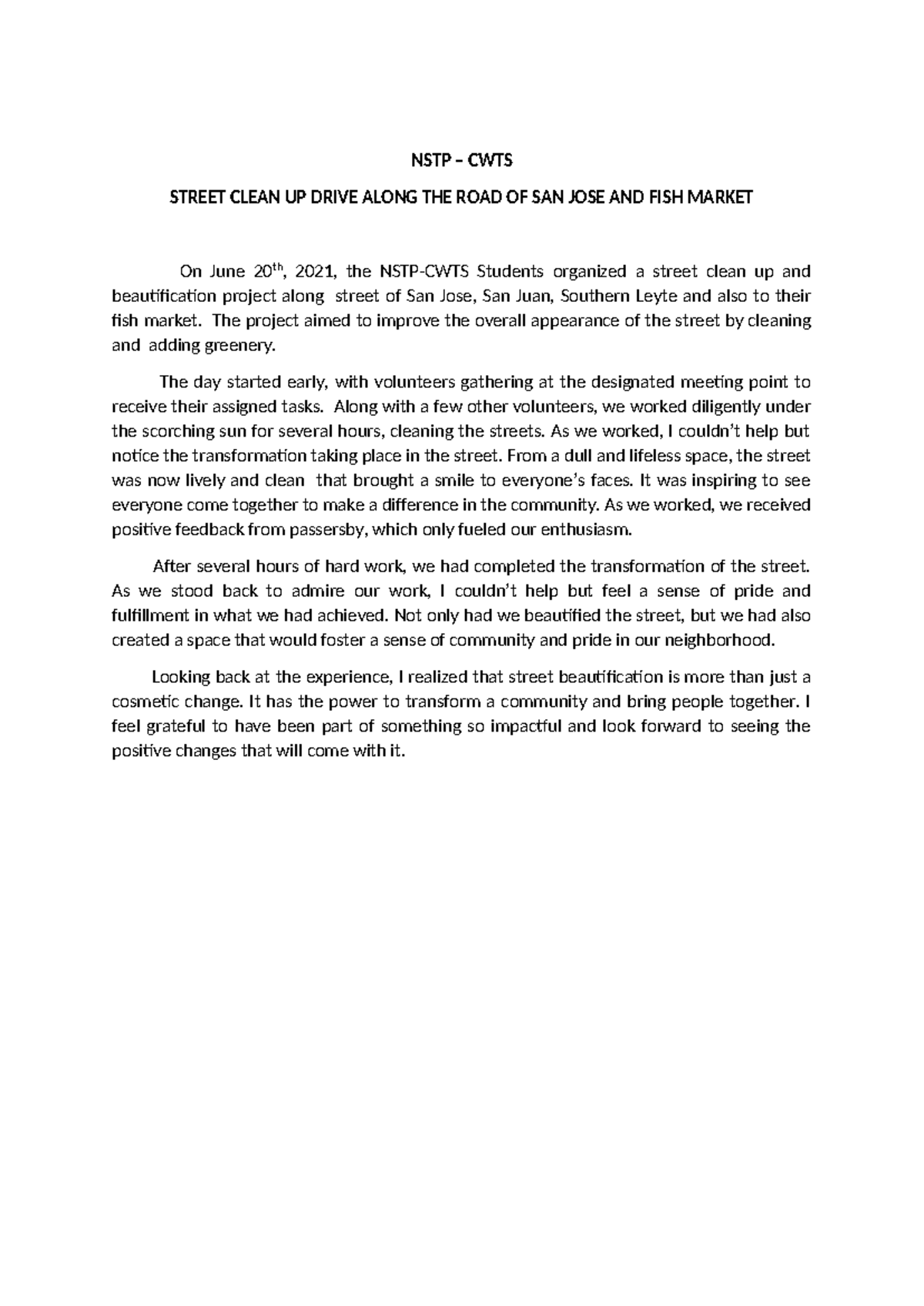 Street Beautification - NSTP – CWTS STREET CLEAN UP DRIVE ALONG THE ...