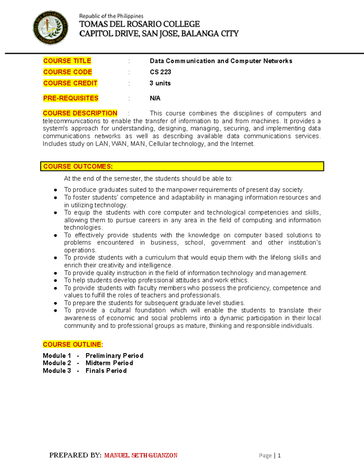 Module 1 - CS 223 - Data Communication and Computer Networks - COURSE ...