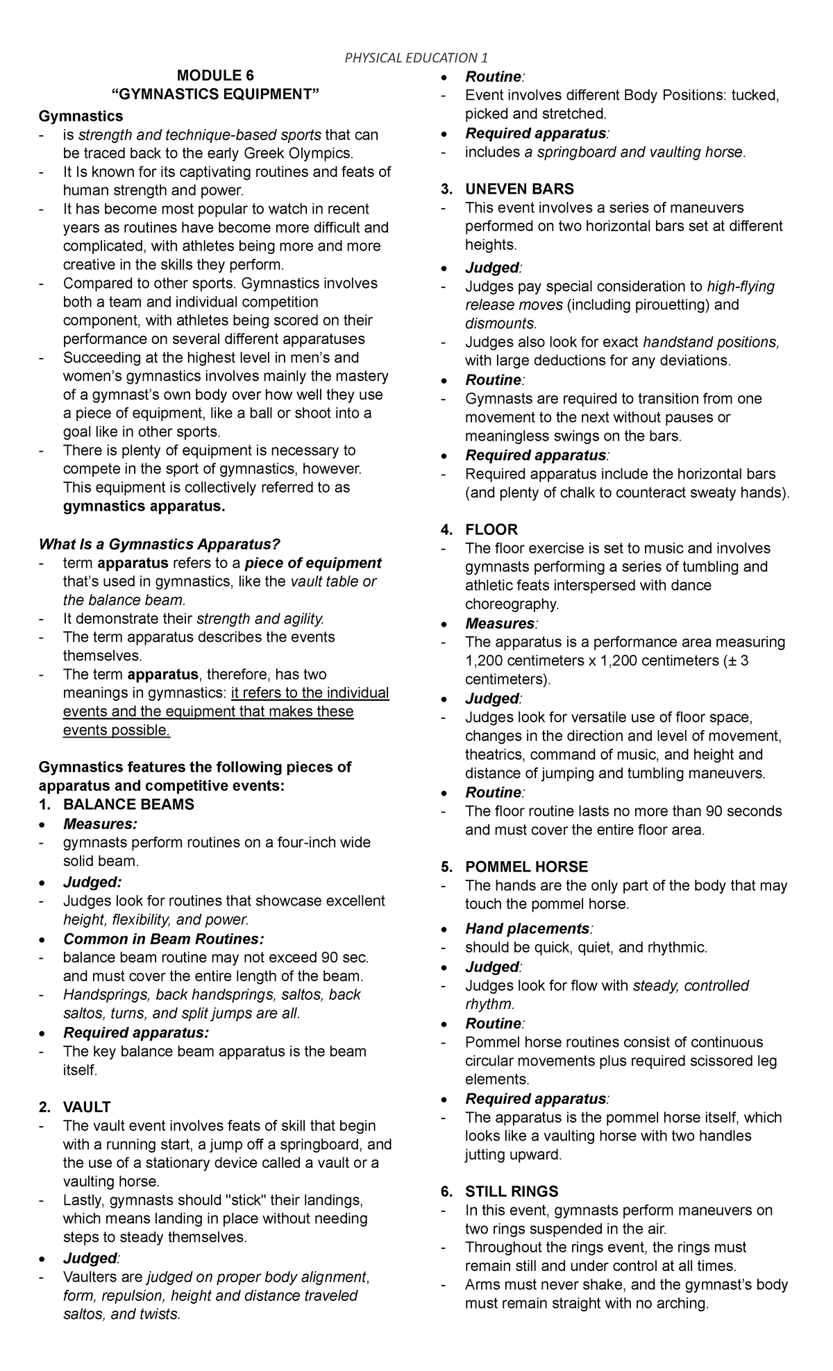 PE notes lecture - MODULE 6 “GYMNASTICS EQUIPMENT” Gymnastics is ...