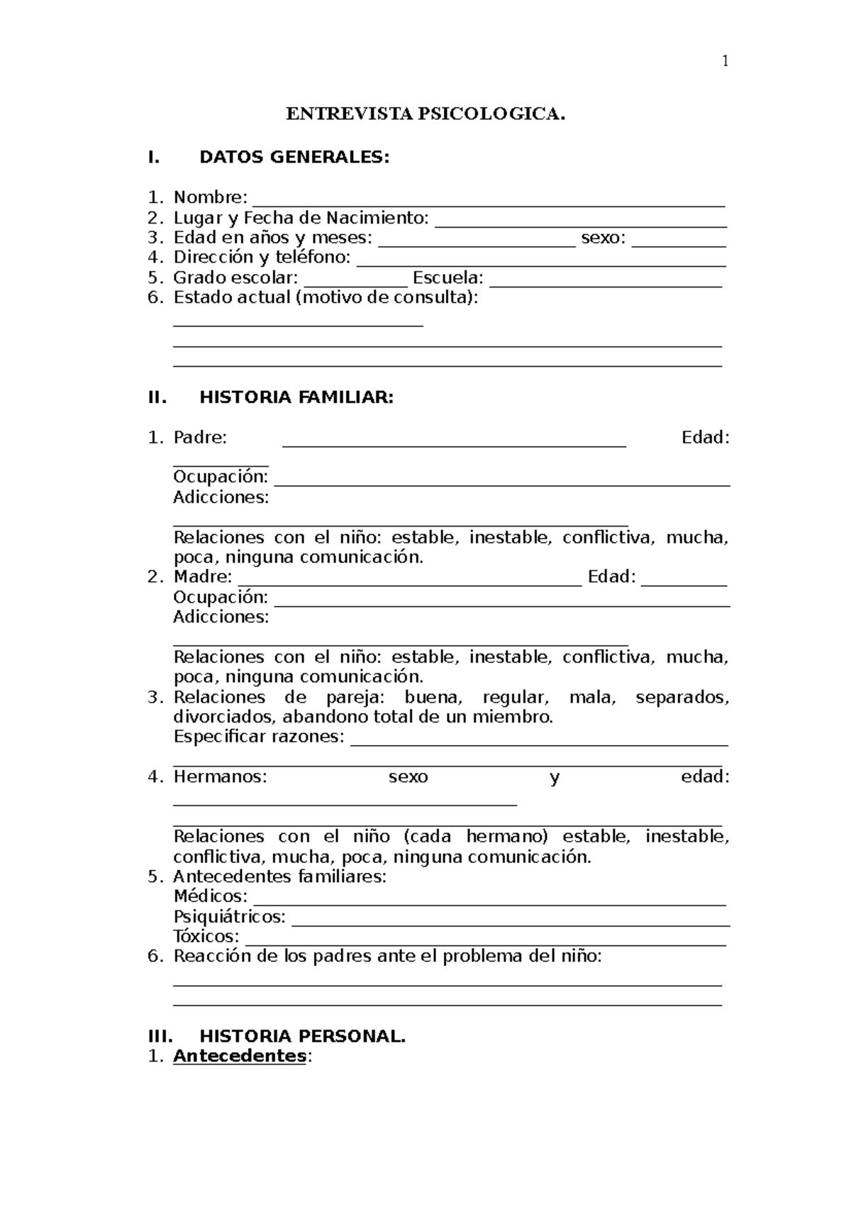 Entrevista Psicologica inicial - ENTREVISTA PSICOLOGICA. I. DATOS ...