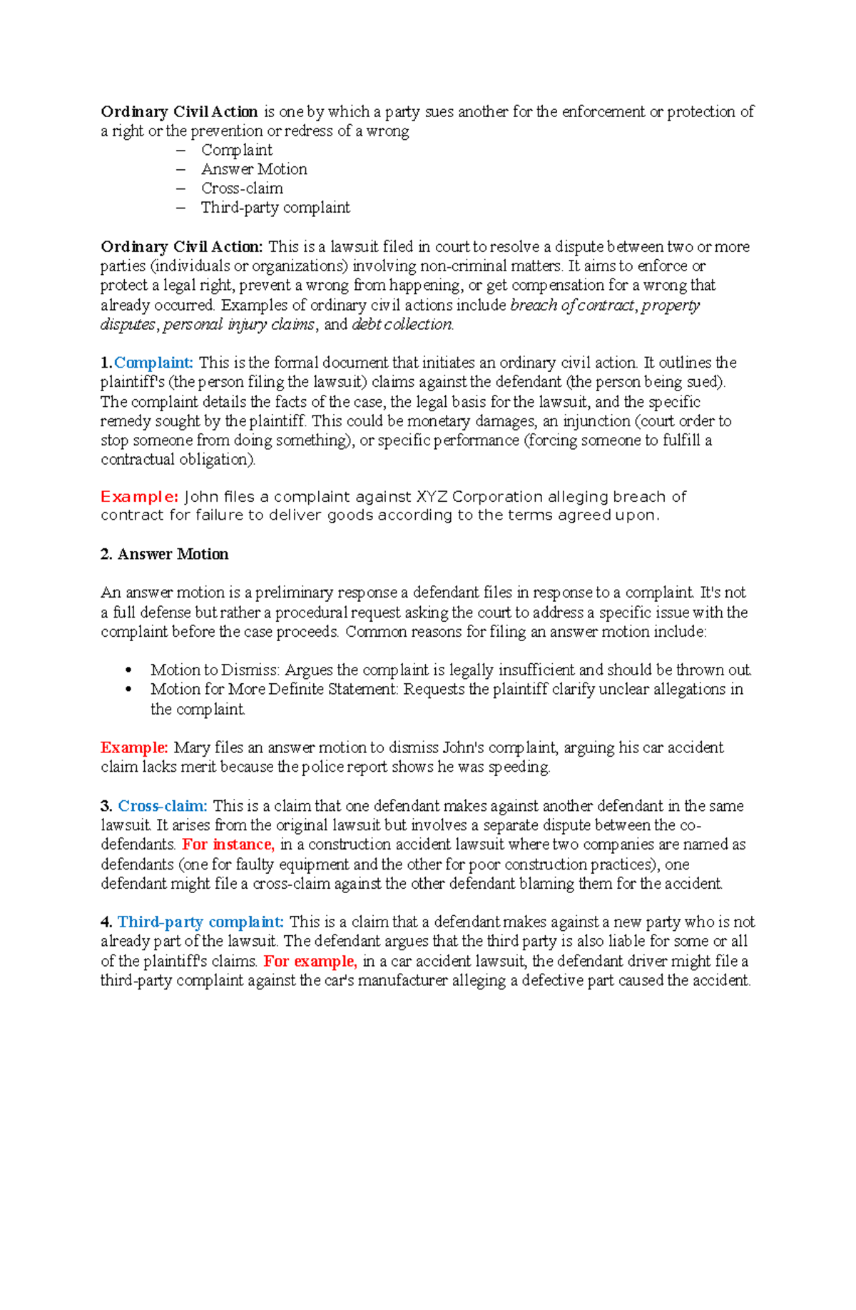 Ordinary- Civil- Action - It aims to enforce or protect a legal right ...