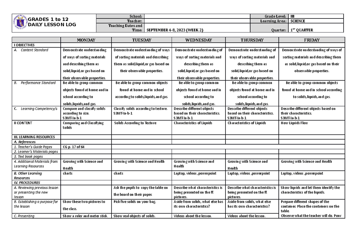 DLL Science 3 Q1 W2 - GRADES 1 to 12 DAILY LESSON LOG School: Grade ...