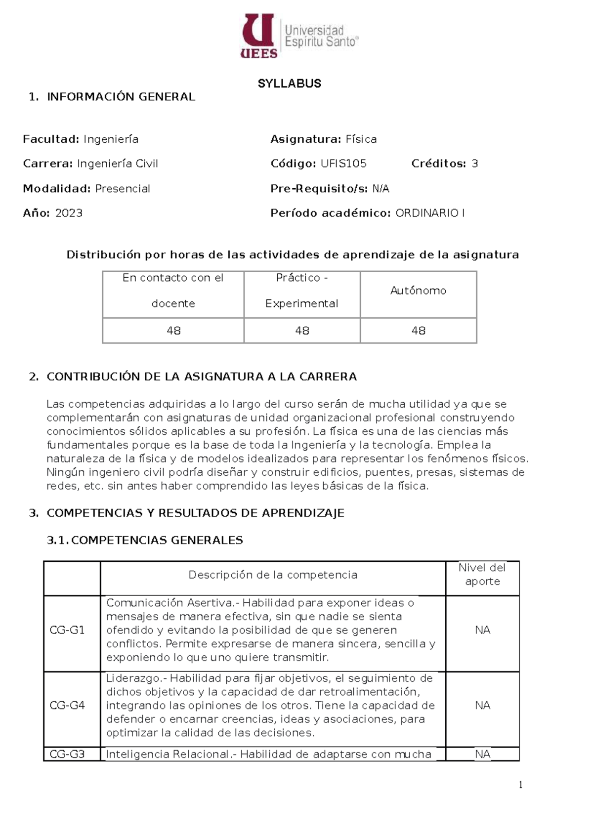 Syllabus - Física I - silabus - 1. INFORMACIÓN GENERAL Facultad ...
