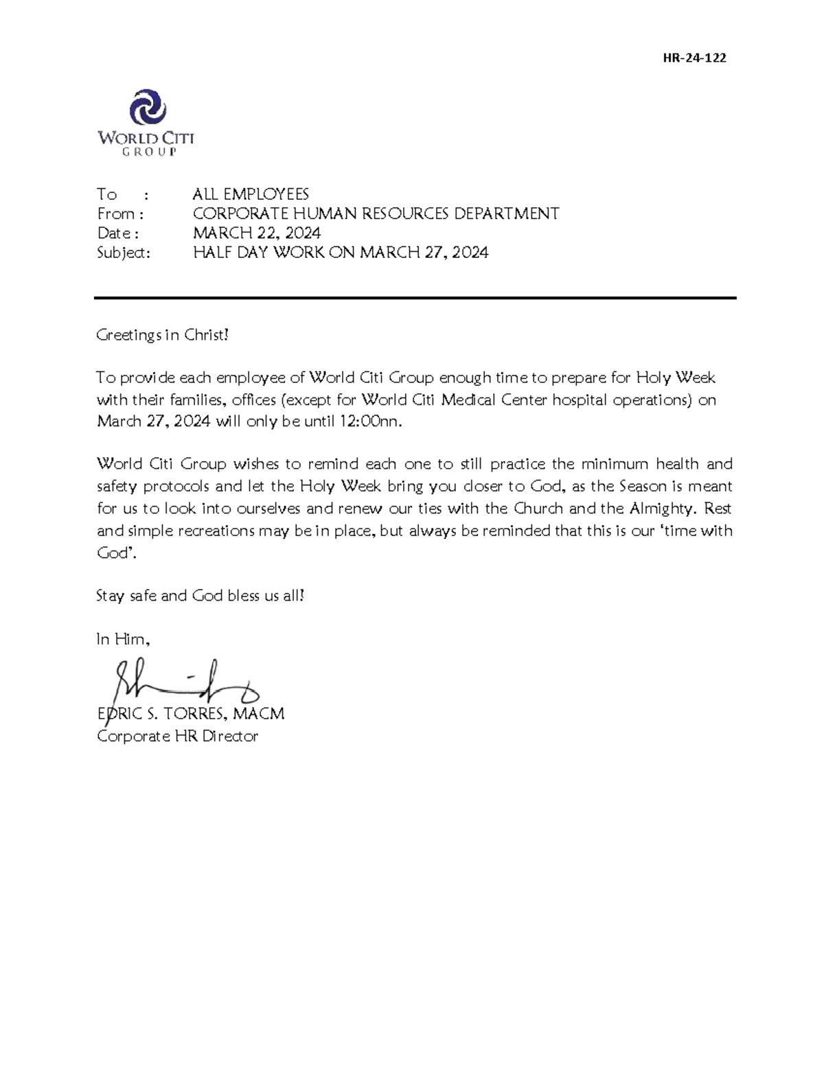 MEMO-ON-HALF-DAY MAR27 - HR-24- To : ALL EMPLOYEES From : CORPORATE ...