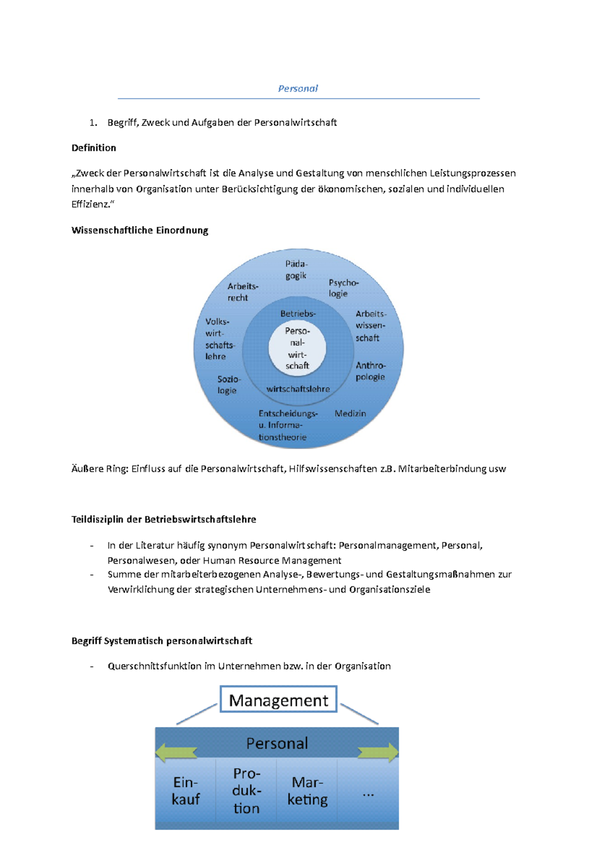 Zusammenfassung Personal - Personal 1. Begriff, Zweck und Aufgaben der ...