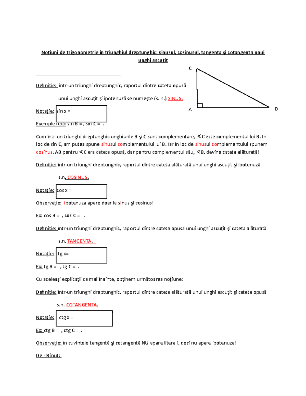 Notiuni de trigonometrie - n.) SINUS. Notaţie: sin x = Exemple (ex ...