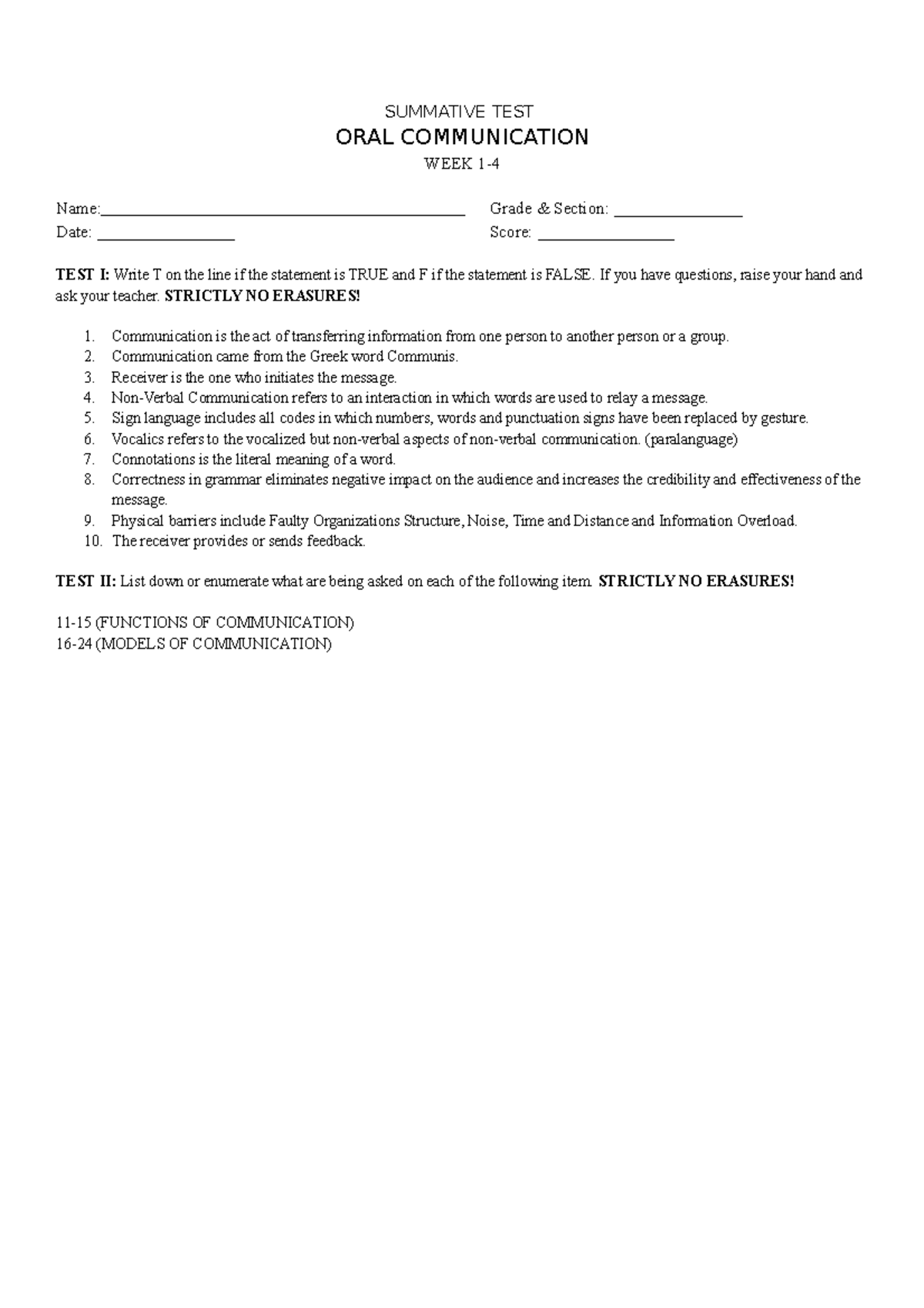 OC - Oral Communication a - SUMMATIVE TEST ORAL COMMUNICATION WEEK 1 ...