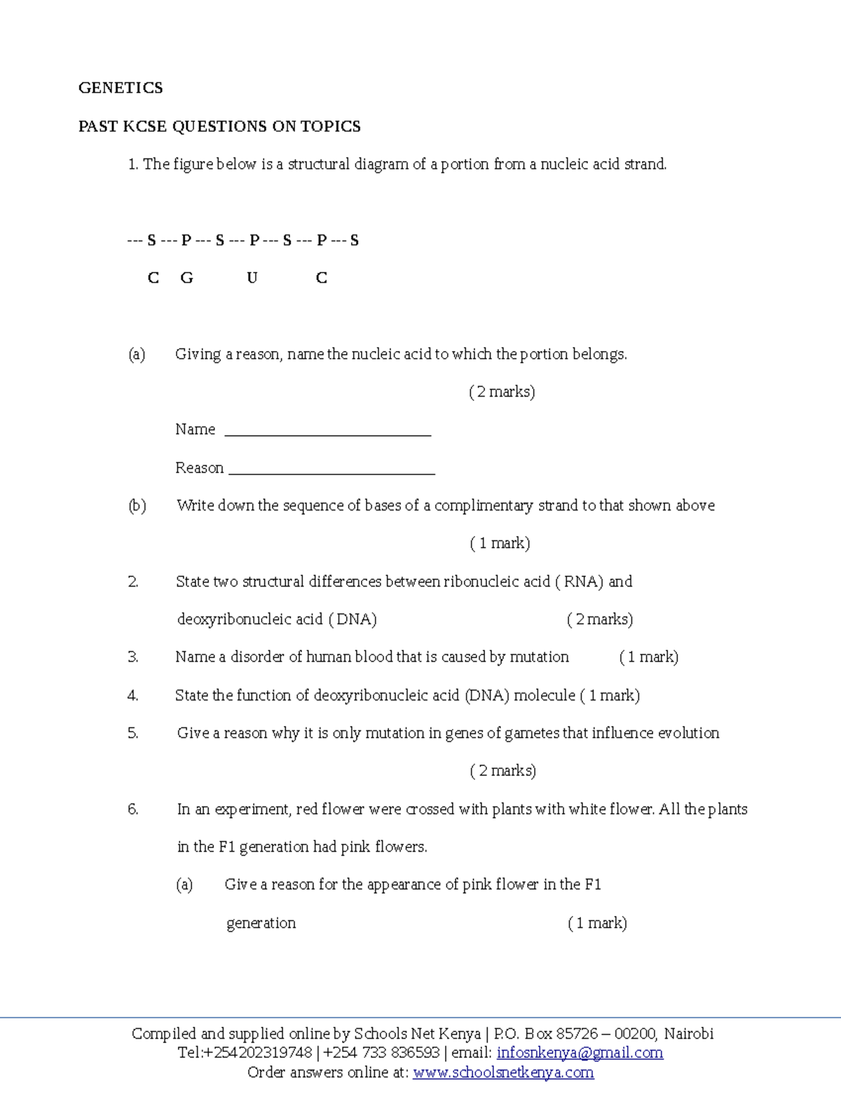 Genetics-questions - Good - GENETICS PAST KCSE QUESTIONS ON TOPICS The ...