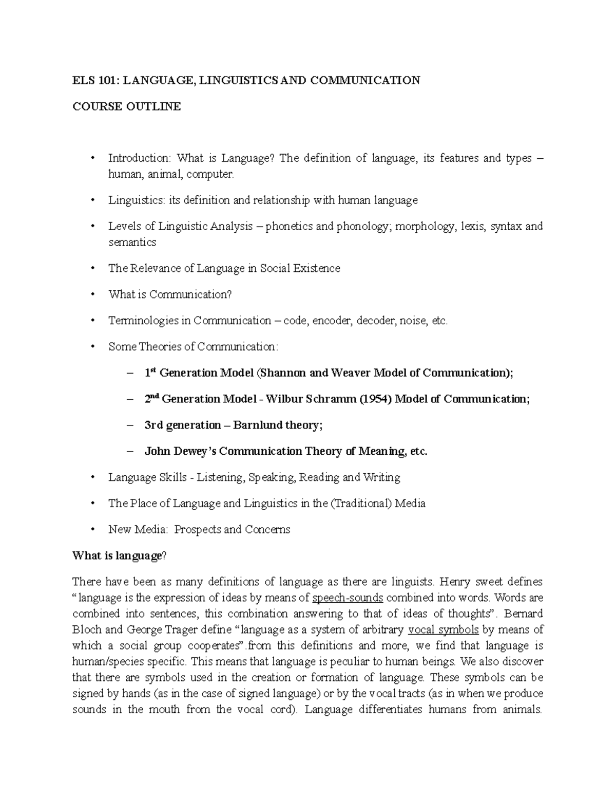 ELS101 - ELS 101: LANGUAGE, LINGUISTICS AND COMMUNICATION COURSE ...