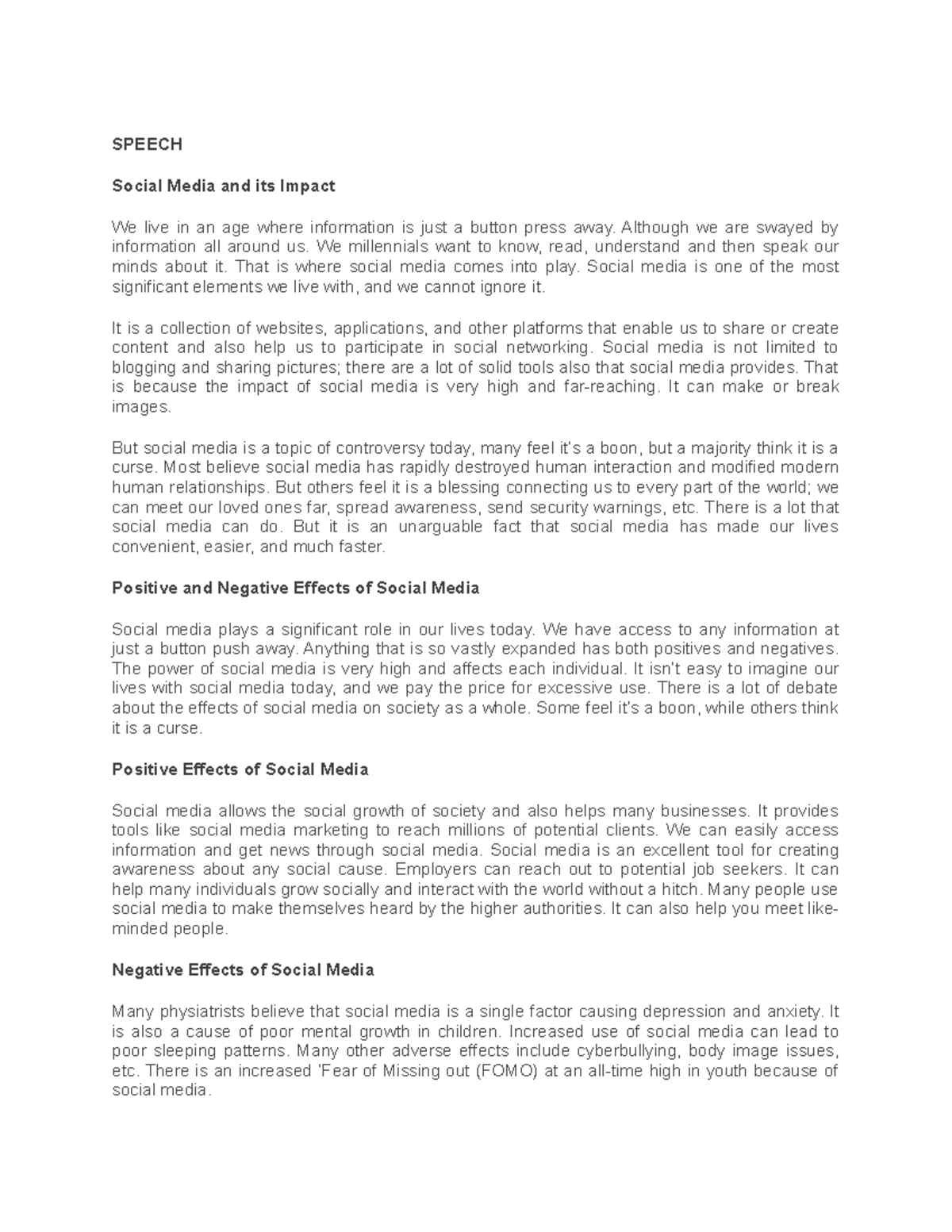 Various sources - lectures - SPEECH Social Media and its Impact We live ...