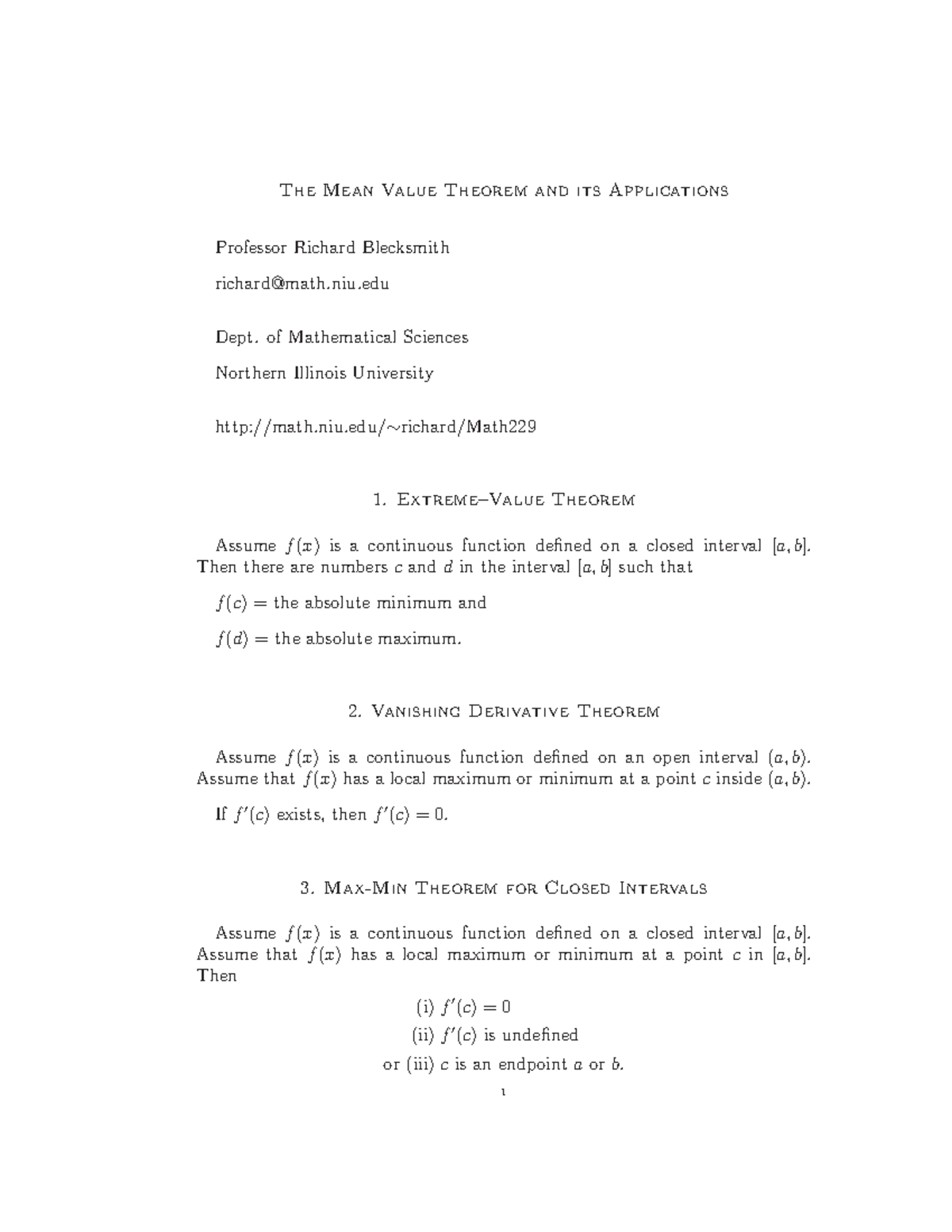 Lecture Notes Lecture The Mean Value Theorem And Its Applications The Mean Value Theorem And