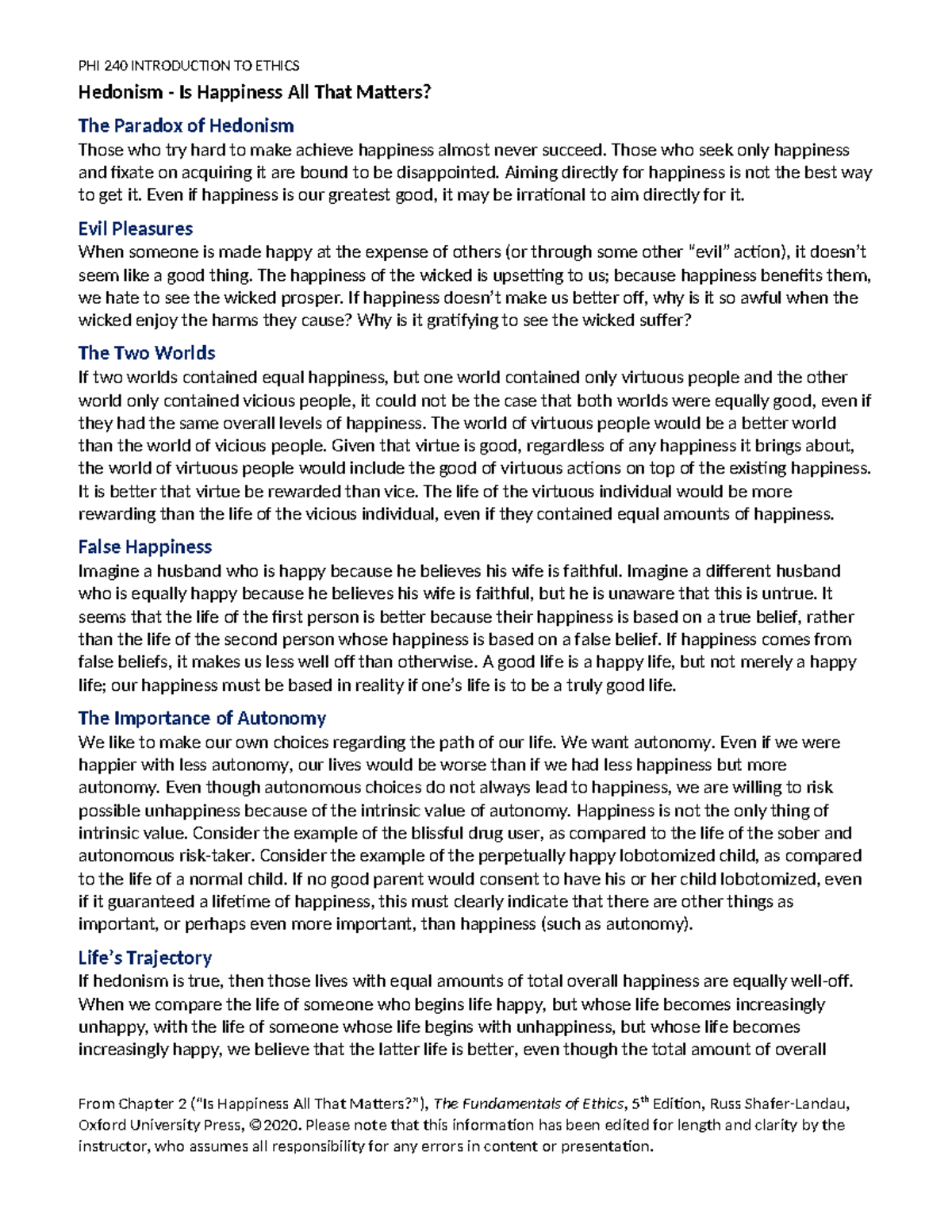 Hedonism-Happiness-Matters - PHI 240 INTRODUCTION TO ETHICS Hedonism - Is Happiness All That ...
