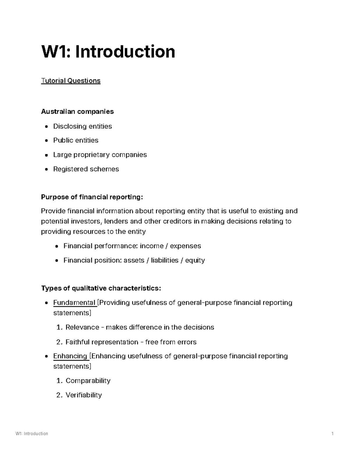 ACF2100 - W1 summary + Tutorial Questions - W1: Introduction Tutorial ...