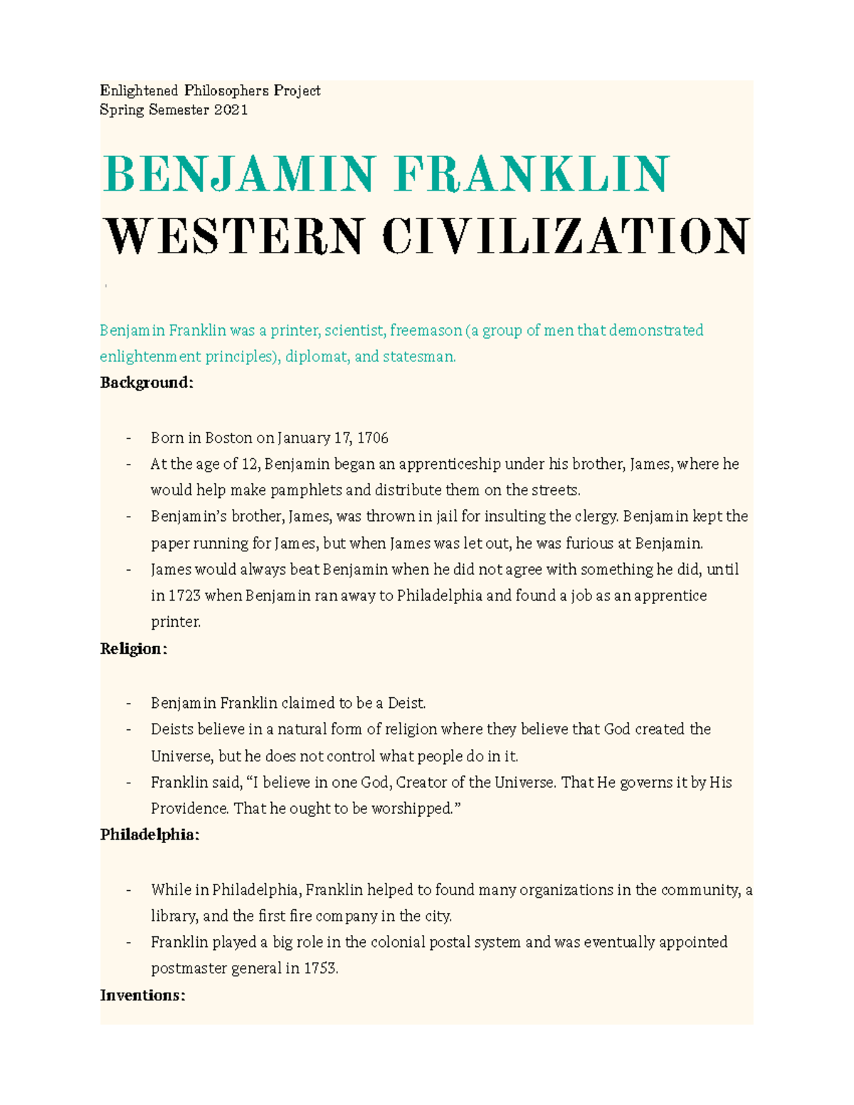 Banjamin Franklin - Lecture Notes - Enlightened Philosophers Project ...