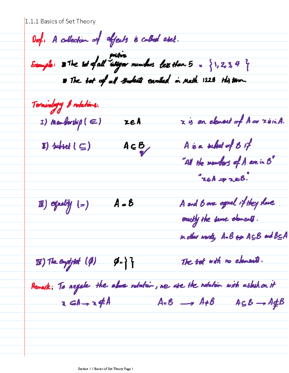 lesson 1 notes- 1229 - 1.1 Basics of Set Theory Section 1 Basics of Set ...
