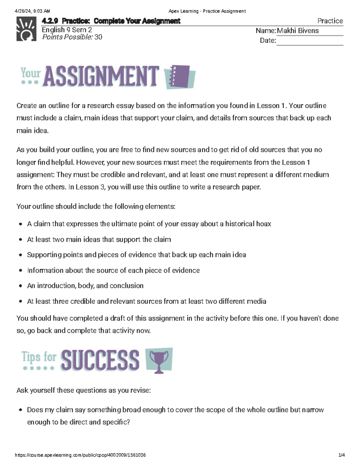 Apex Learning - Practice Assignment - 4.2 Practice: Complete Your ...