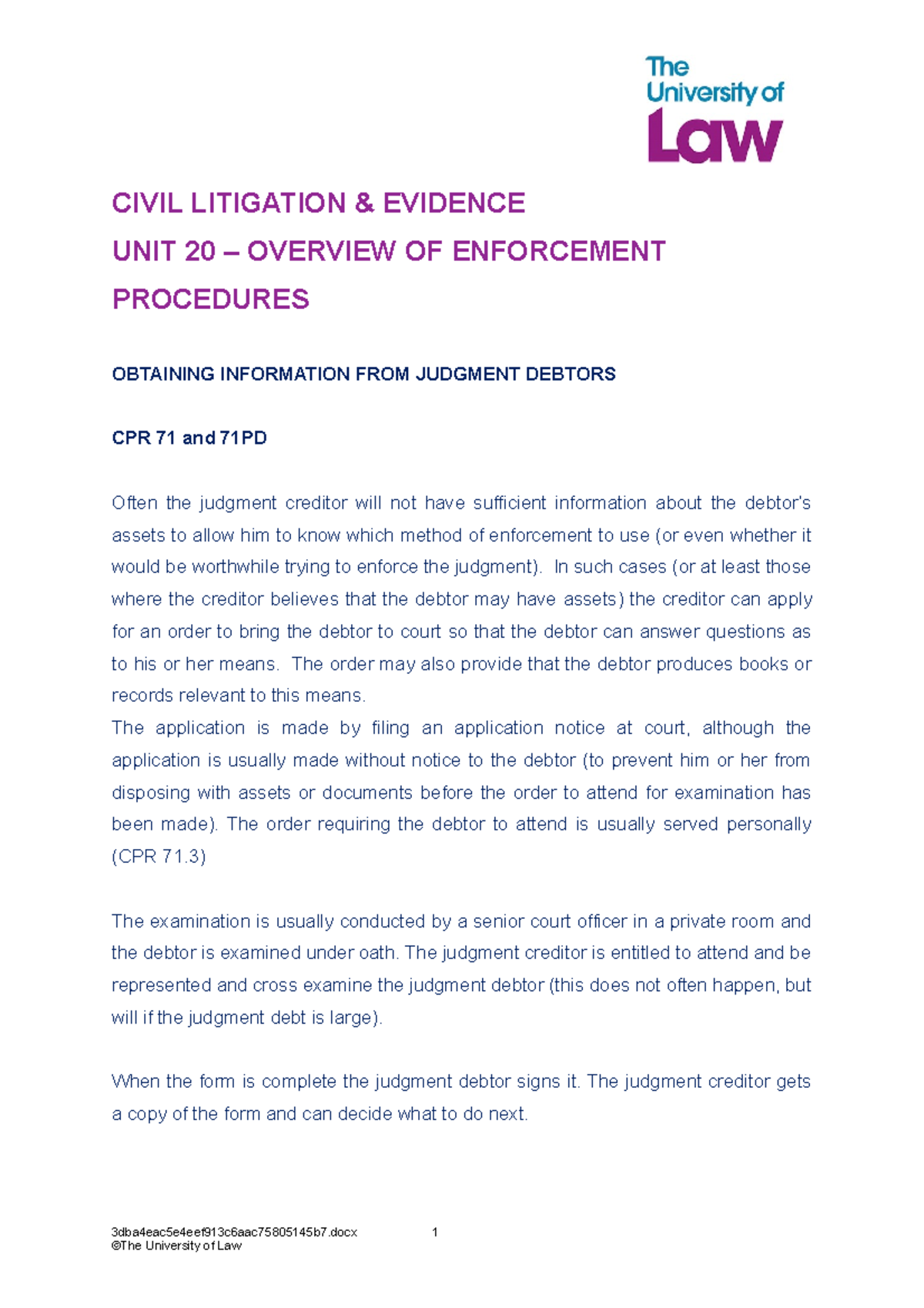 Enforcement Procedures Overview - CIVIL LITIGATION & EVIDENCE UNIT 20 ...