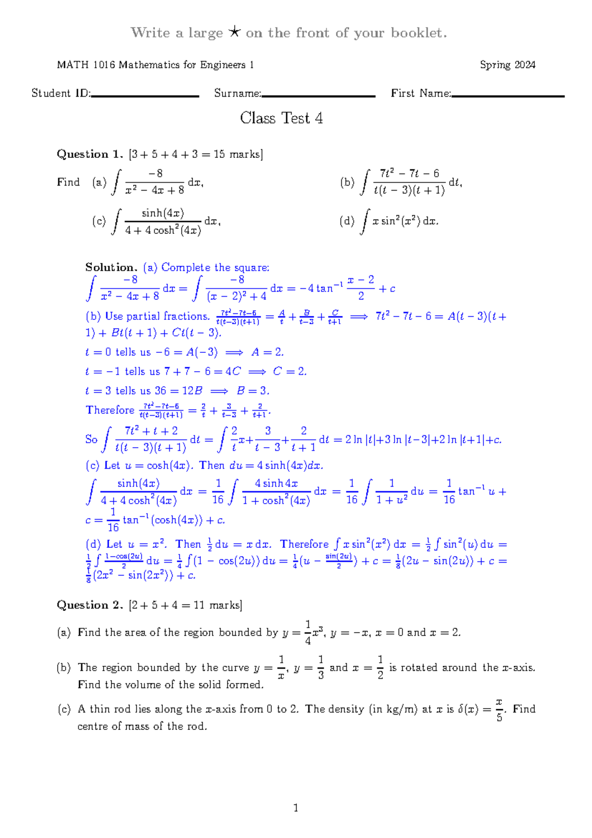 MATH1016 Class Test 4 (Star) - MATH 1016 Mathematics for Engineers 1 ...