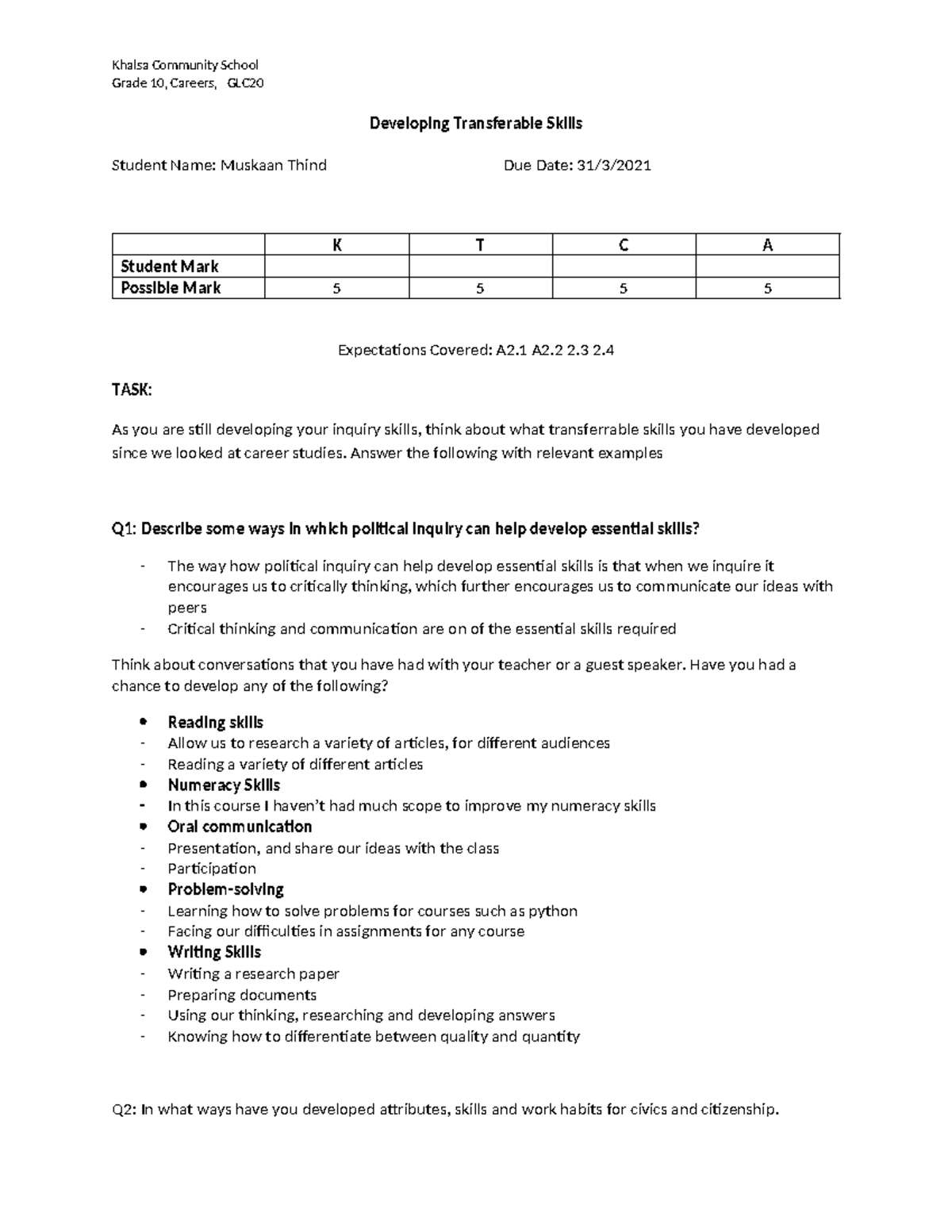 Assessment # 2 Developing transferable skills - Khalsa Community School ...