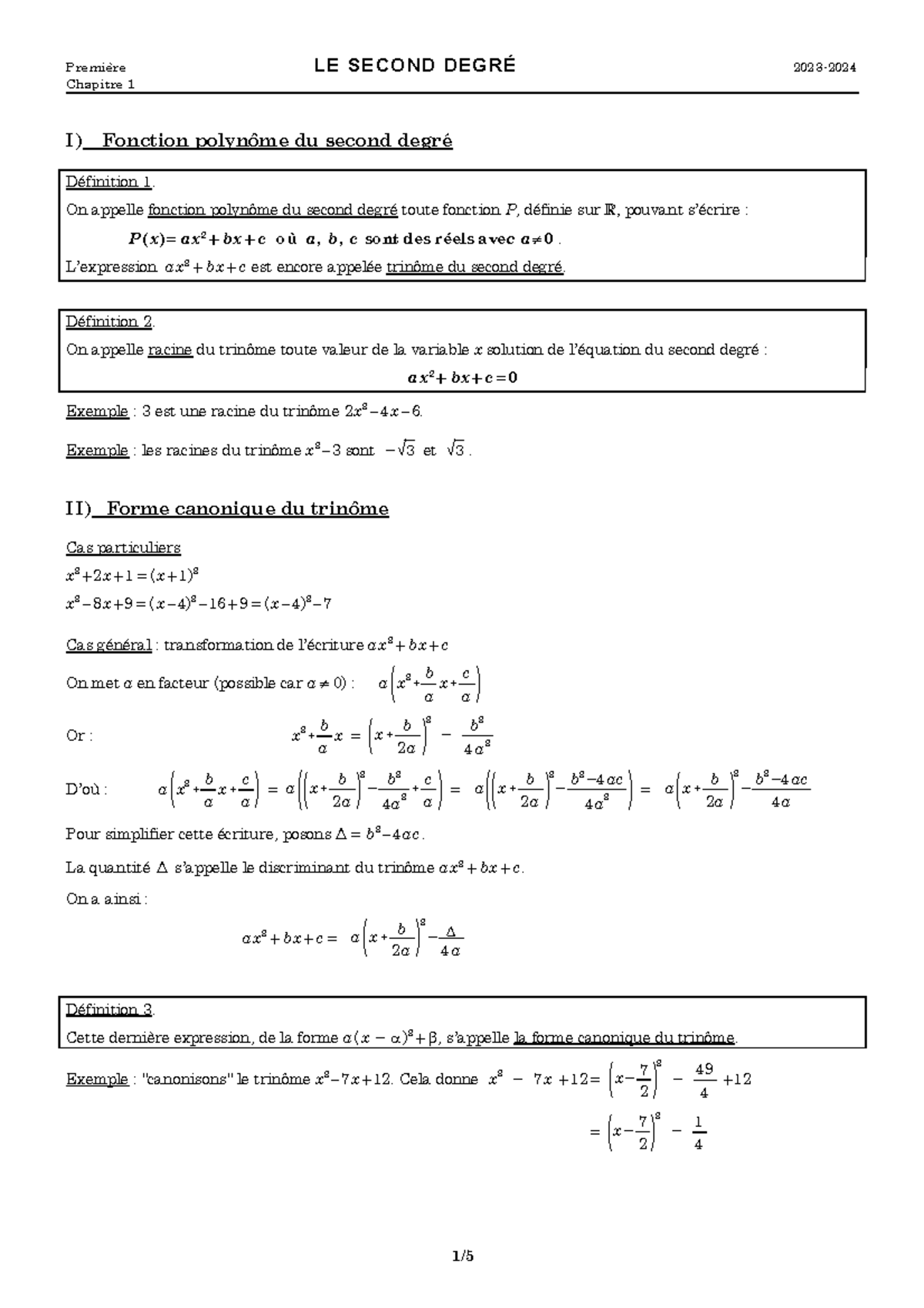 Second degres 2024 - Chapitre 1 I) Fonction polynôme du second degré ...
