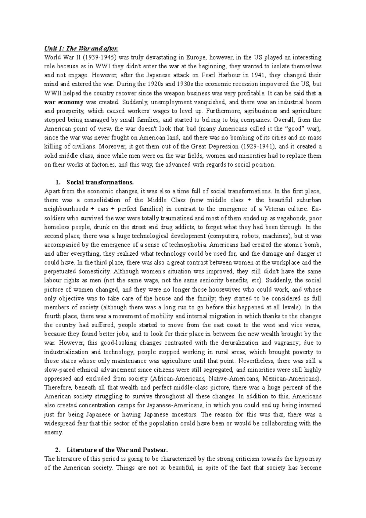 Unit 1- The War and after - World War II (1939-1945) was truly ...