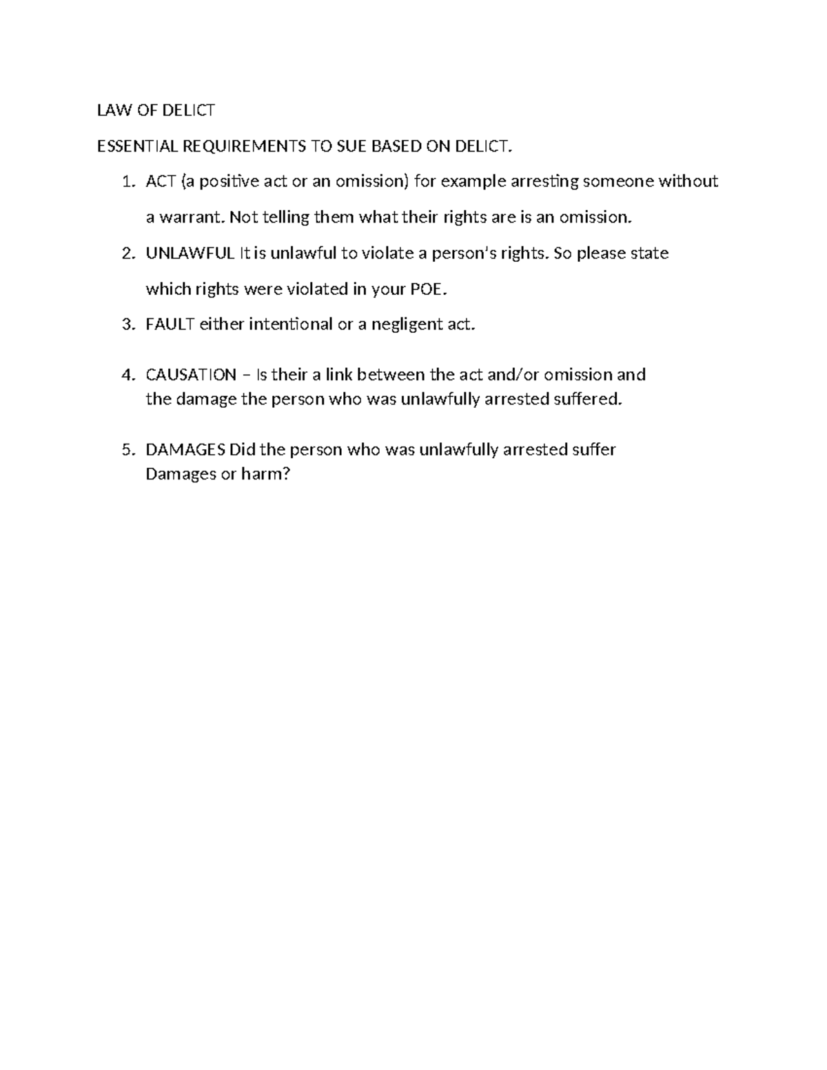 Delict - LAW OF DELICT ESSENTIAL REQUIREMENTS TO SUE BASED ON DELICT ...