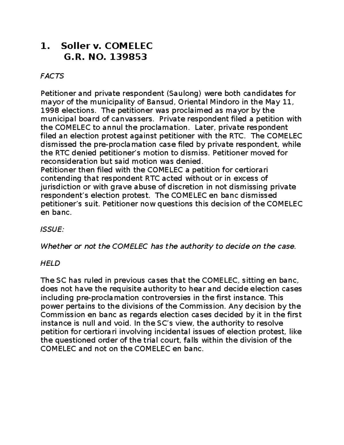 CASE Digest ON Election LAW - 1. Soller v. COMELEC G. NO. 139853 FACTS ...