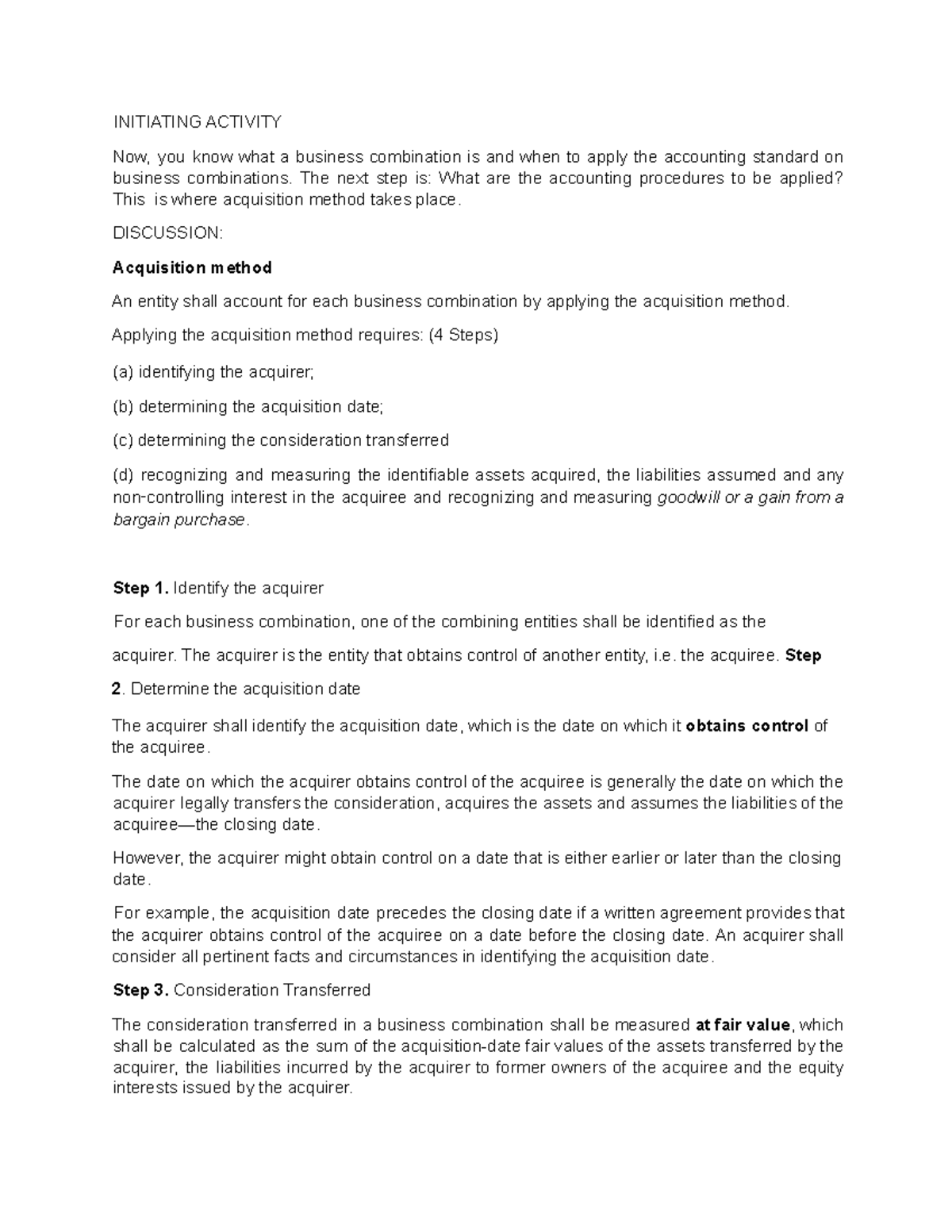 Acquisition Method - INITIATING ACTIVITY Now, you know what a business ...