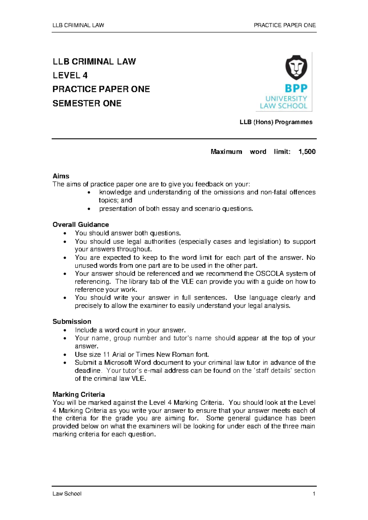 Practice Paper One - essay - LLB CRIMINAL LAW LEVEL 4 PRACTICE PAPER ...