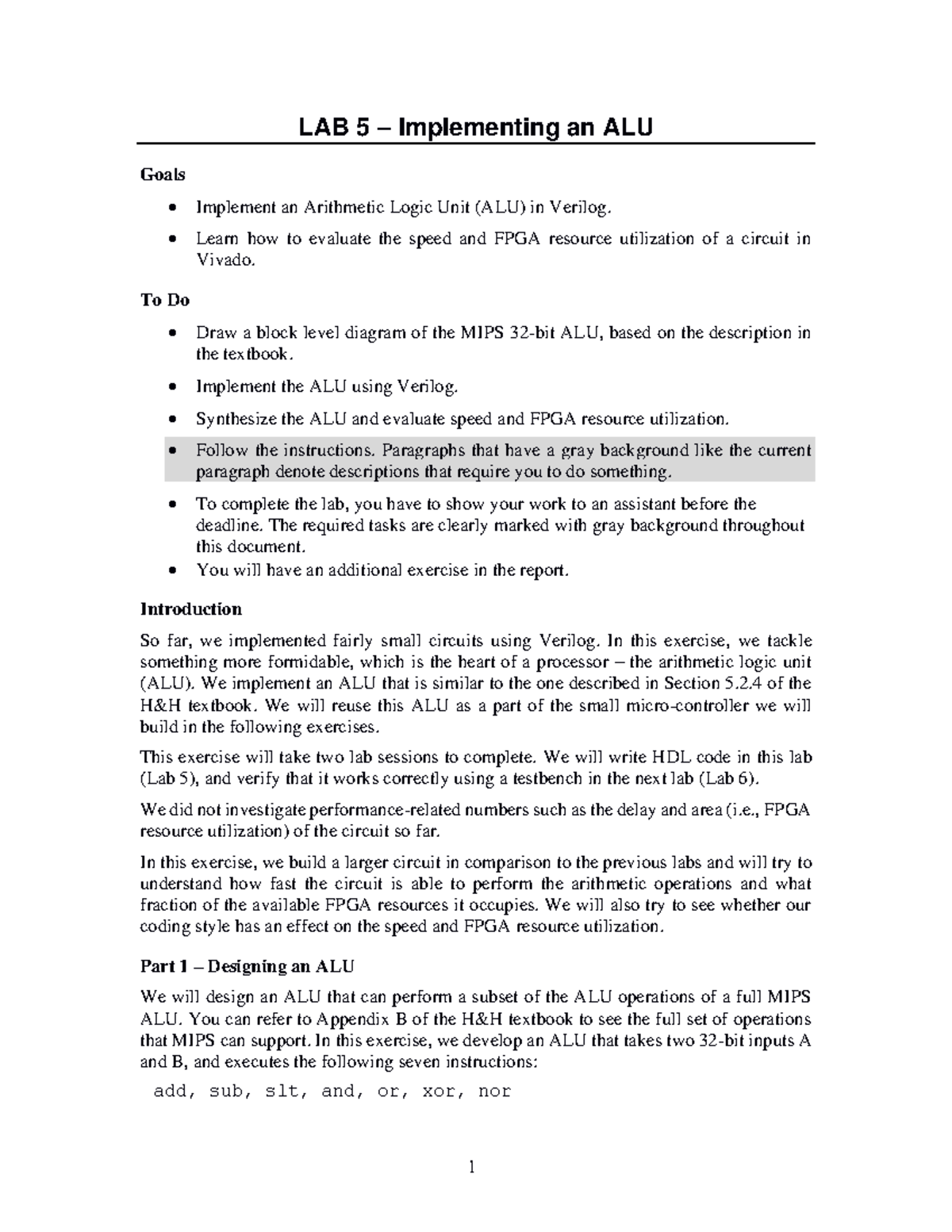 Lab5 manual - 的的擦“ - LAB 5 – Implementing an ALU Goals - Implement an Arithmetic Logic Unit (ALU ...