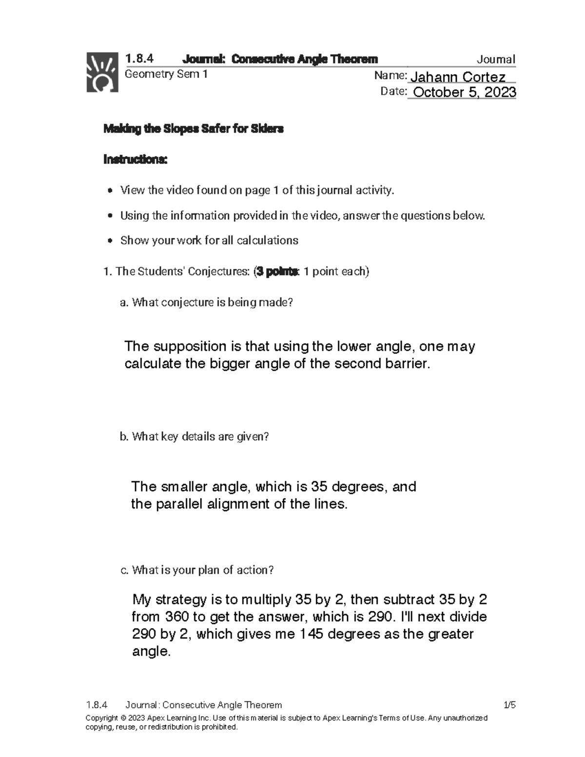 1.8.4 Journal - Consecutive Angle Theorem (Journal) - Journal ...
