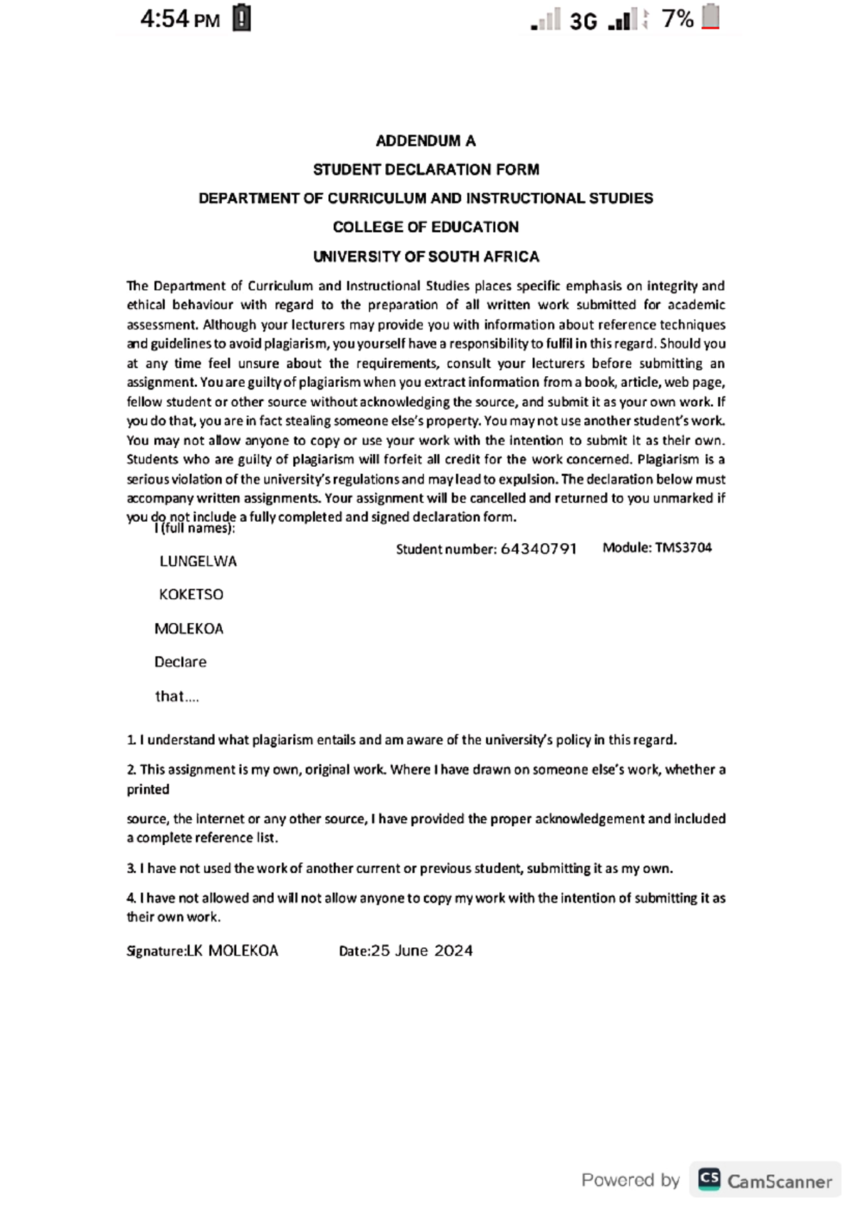 TMS3704 Ass3 - Help with Business studies - 4:54 PM 3G .il ADDENDUM A STUDENT DECLARATION FORM ...