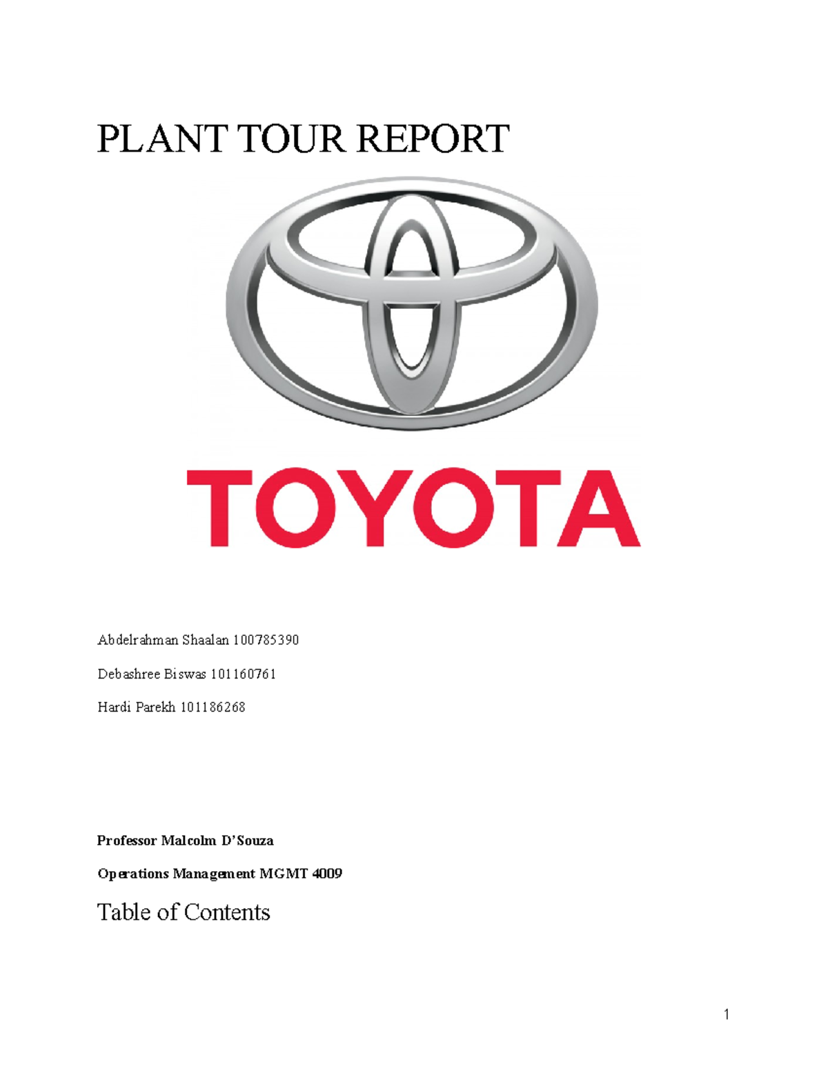 Plant tour Report - PLANT TOUR REPORT Abdelrahman Shaalan 100785390 ...