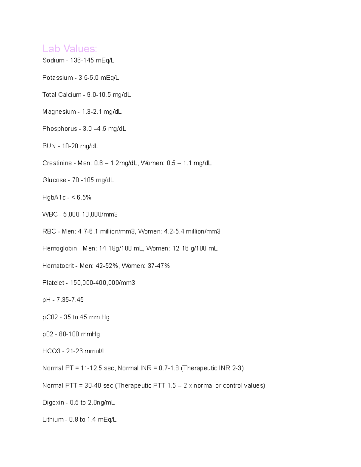 Nclex PREP Lab Values Sodium 136 145 MEq L Potassium 3 5 5 MEq L