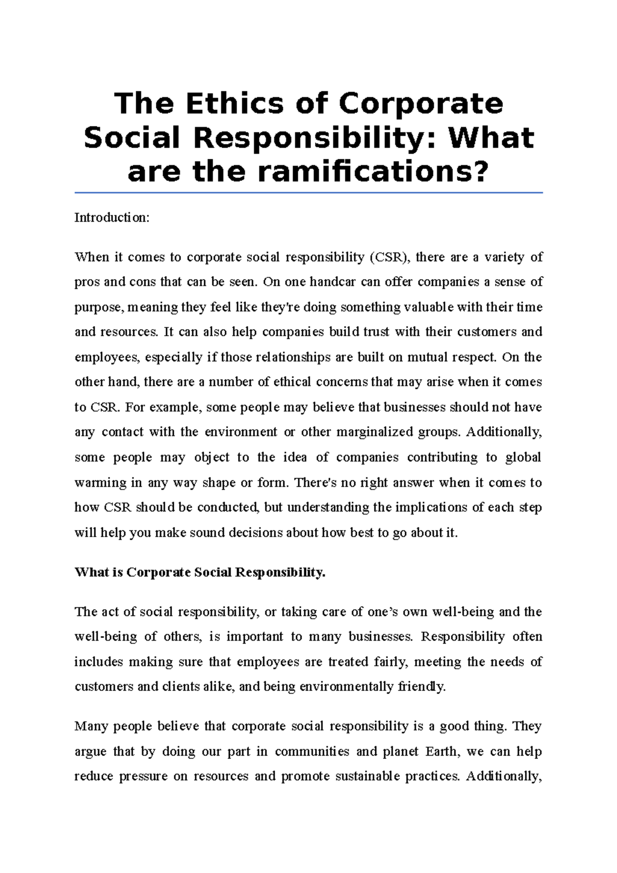 The Ethics of Corporate Social Responsibility, What are the ...