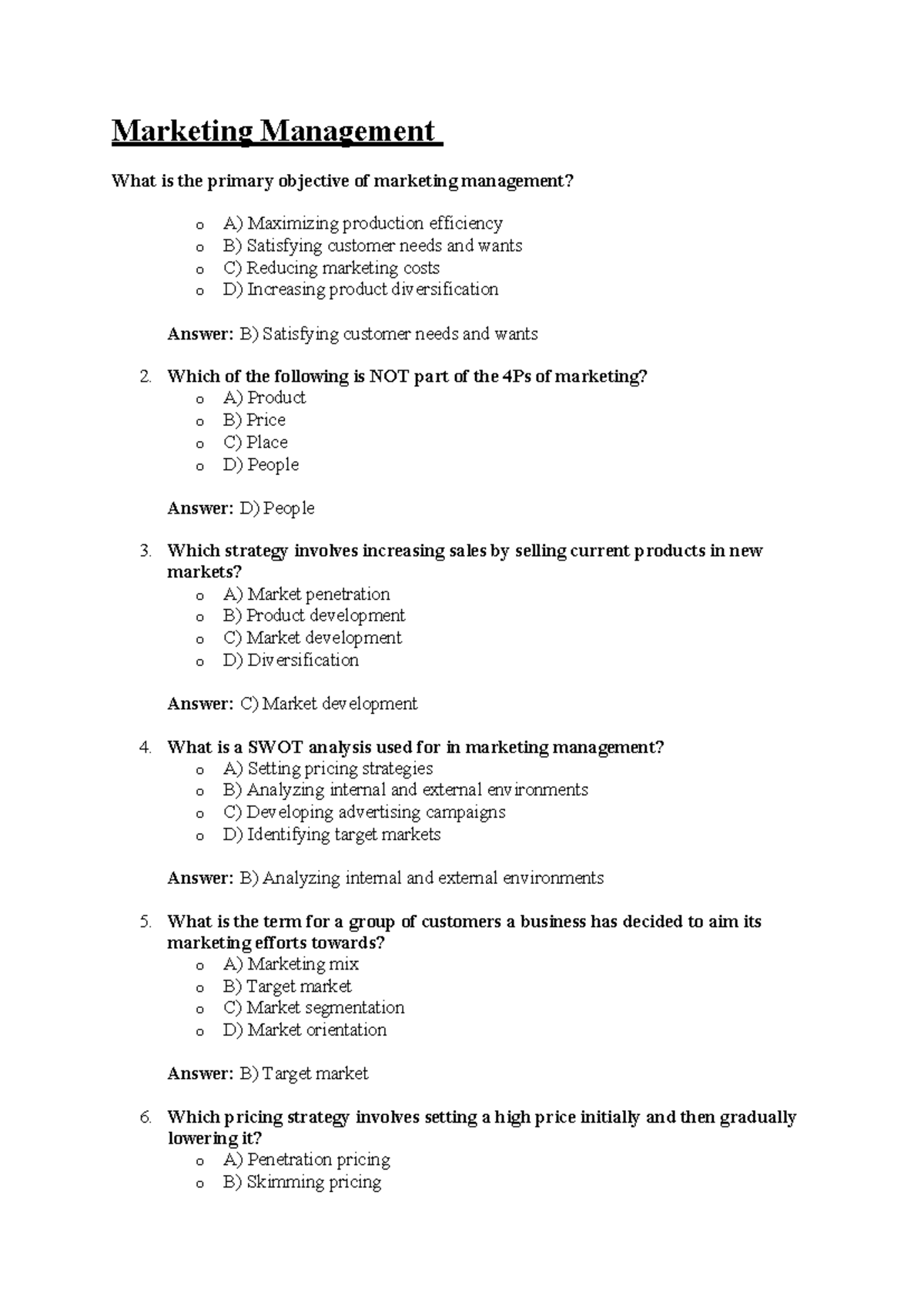 Marketing management 10 MCQ Question and Answers for MBA and BBA ...