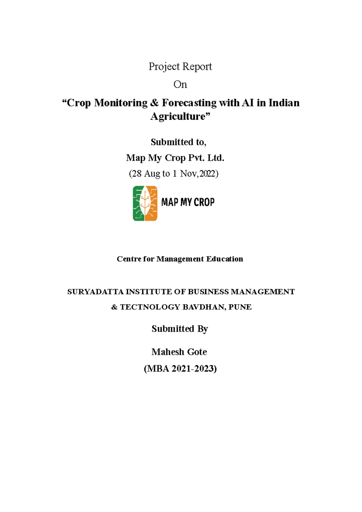 Kisanserv Project Report- Ajinkya More - Project Report On “Crop ...