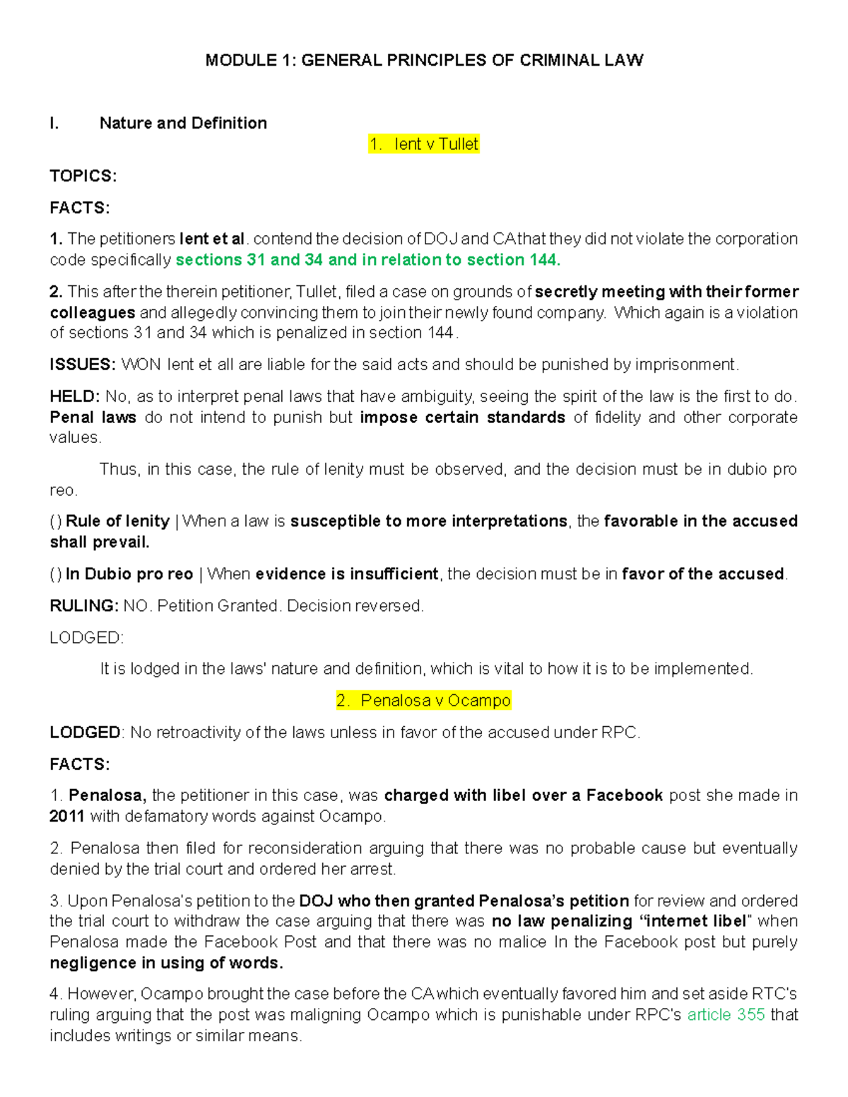 Criminal Law 1 modules 1 AND 2 - MODULE 1: GENERAL PRINCIPLES OF CRIMINAL LAW I. Nature and ...