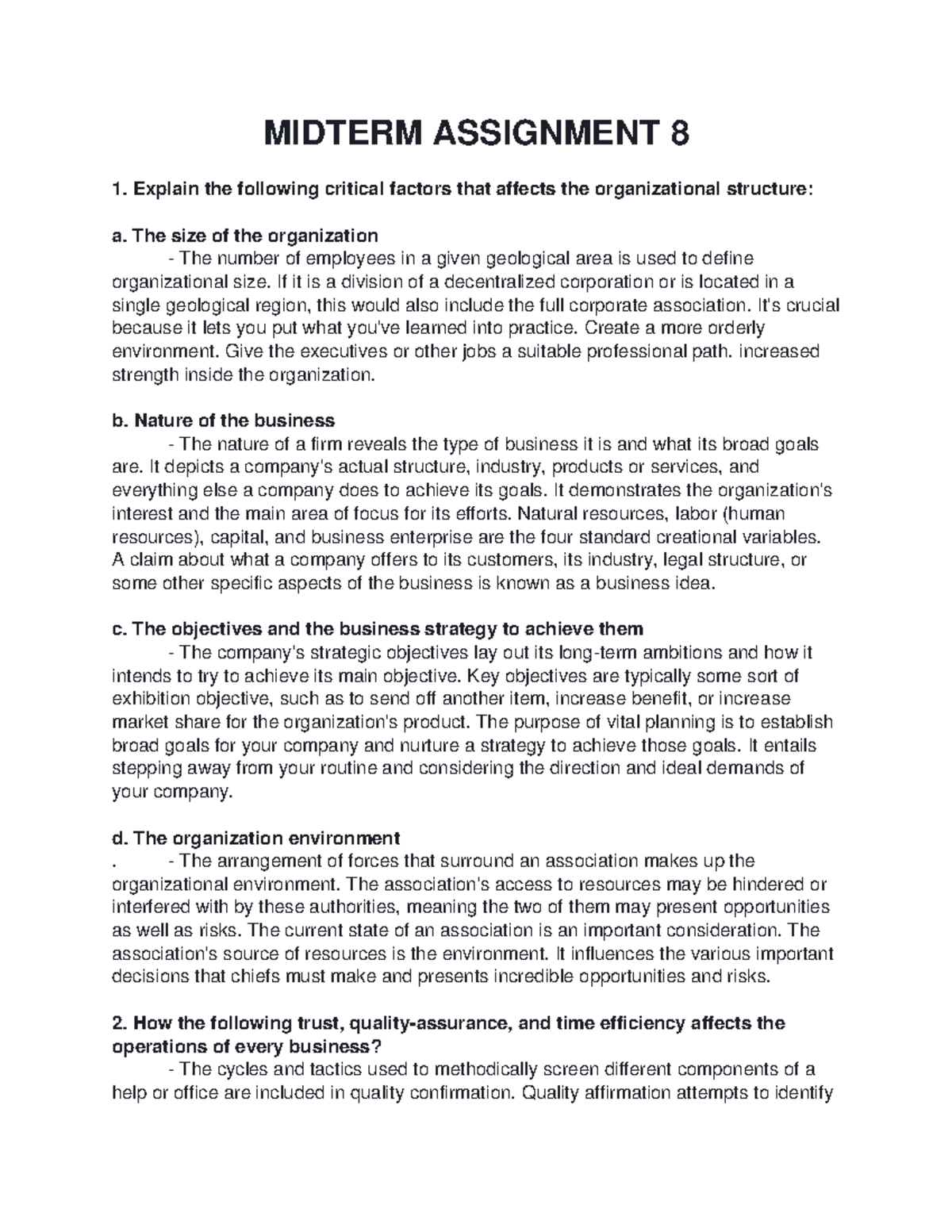 Midterm Assignment 8 Midterm Assignment 8 1 Explain The Following Critical Factors That