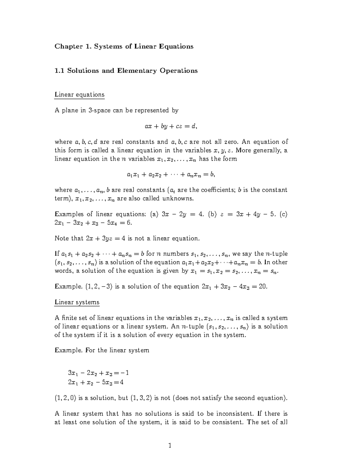 Math 122 (Note -1) - system of liner equation - Chapter 1. Systems of Linear Equations 1 ...