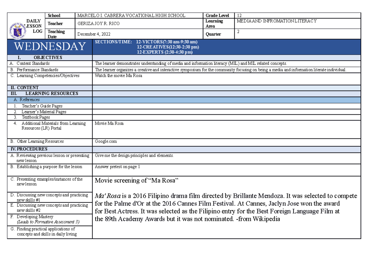 ~$L MIL Q2 M13 - Lesson Plan - DAILY LESSON LOG School MARCELO I ...