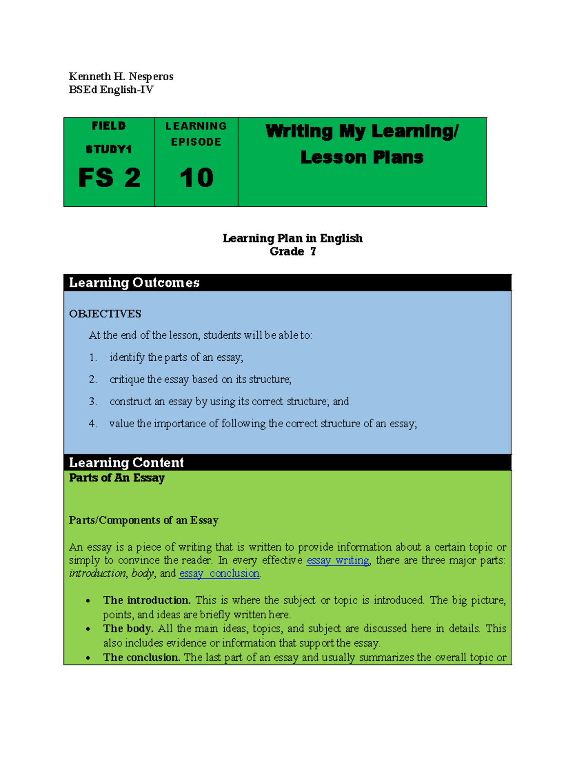 FS2 Episode 10 - notes - Kenneth H. Nesperos BSEd English-IV FIELD ...