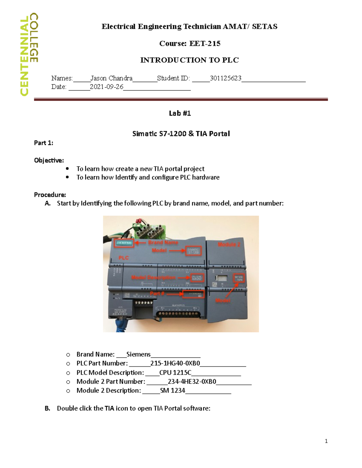 EET215 Lab 1 Simatic & TIA Portal - Electrical Engineering Technician ...