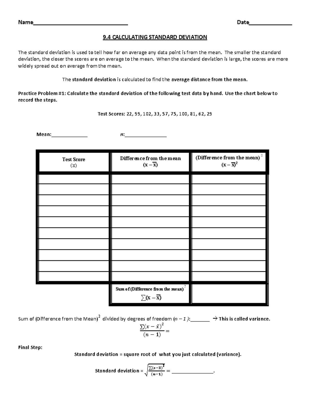 Standard Deviation Practice Worksheet - Name Date 9 CALCULATING ...